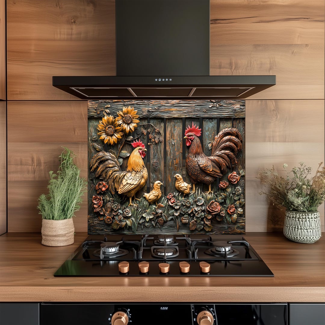 Tempered Glass Kitchen Backsplash, Rustic Rooster Family Glass ...