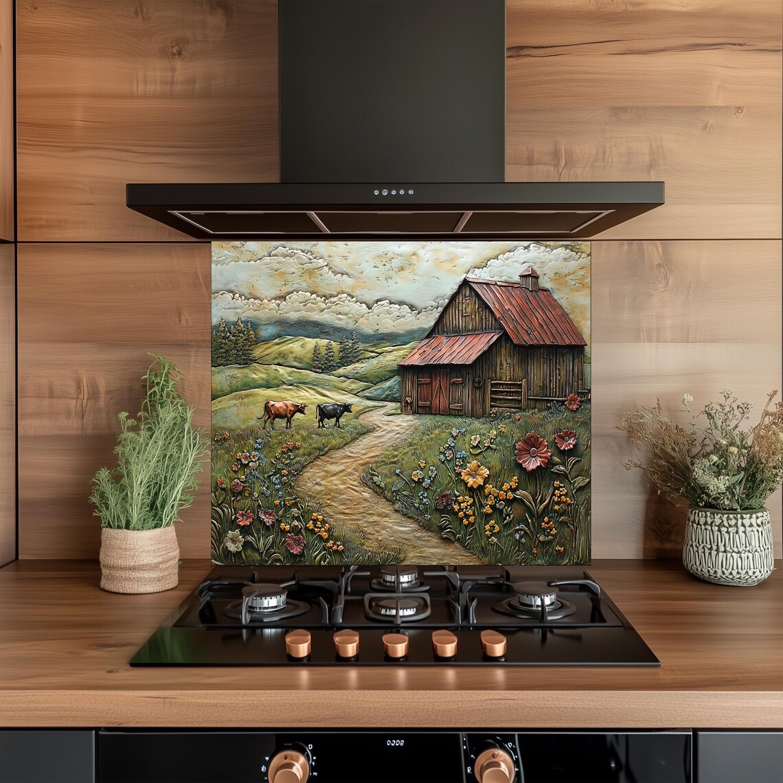 Tempered Glass Kitchen Backsplash, Farm and Cow Glass Backsplash,glass ...