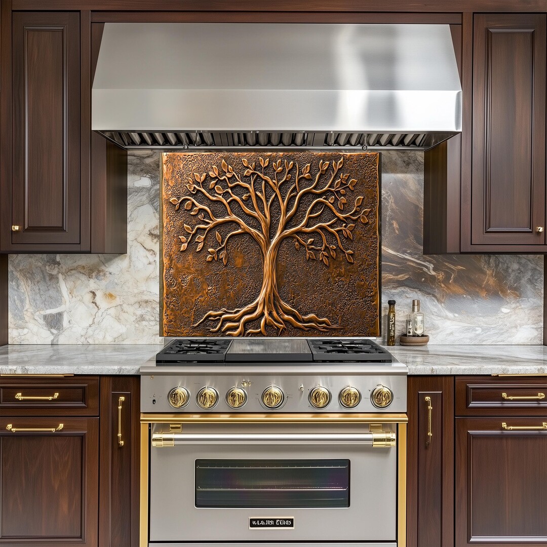 Tree of Life Kitchen Backsplash Copper Toned Tempered Glass Splashback ...