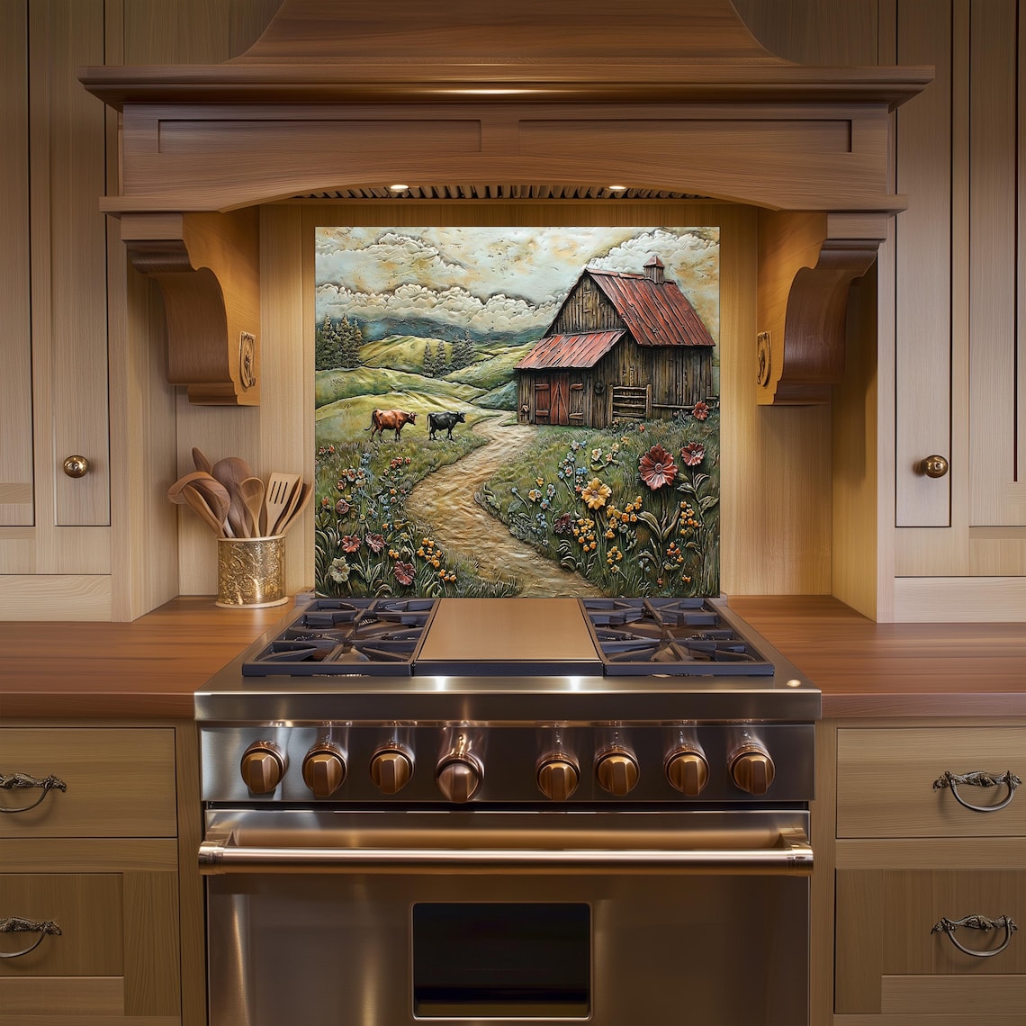 Tempered Glass Kitchen Backsplash, Farm and Cow Glass Backsplash,glass ...