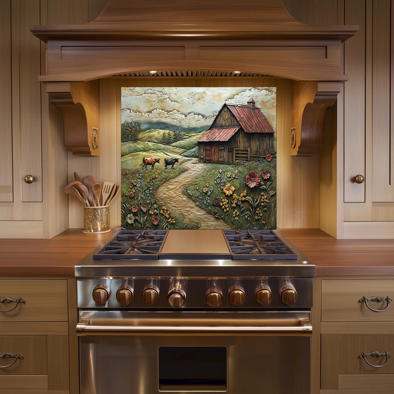 Tempered Glass Kitchen Backsplash, Farm and Cow Glass Backsplash,glass ...