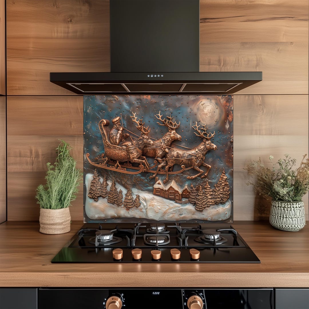 Christmas Santa Sleigh Glass Kitchen Backsplash: Rustic Holiday Decor ...