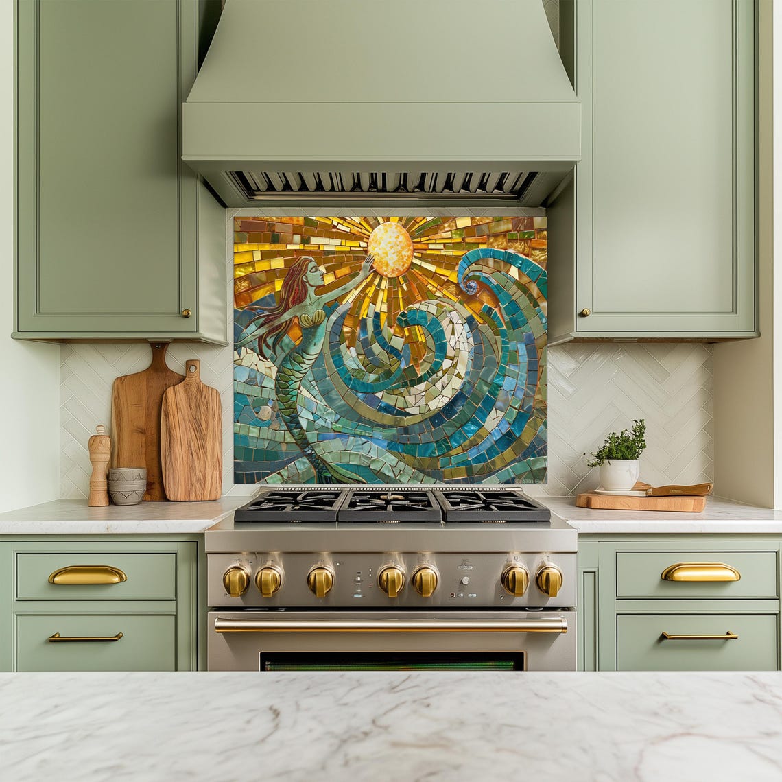 Glass Kitchen Backsplash Behind Stove, Mosaic Mermaid Glass Backsplash ...