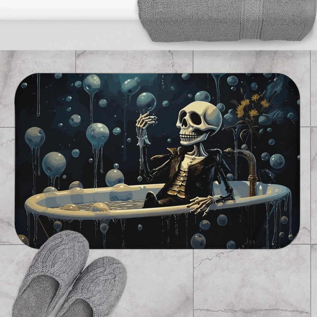 Skeleton in a Bubble Bath Bath Mat Restroom Skeleton Bath Mat Aesthetic ...