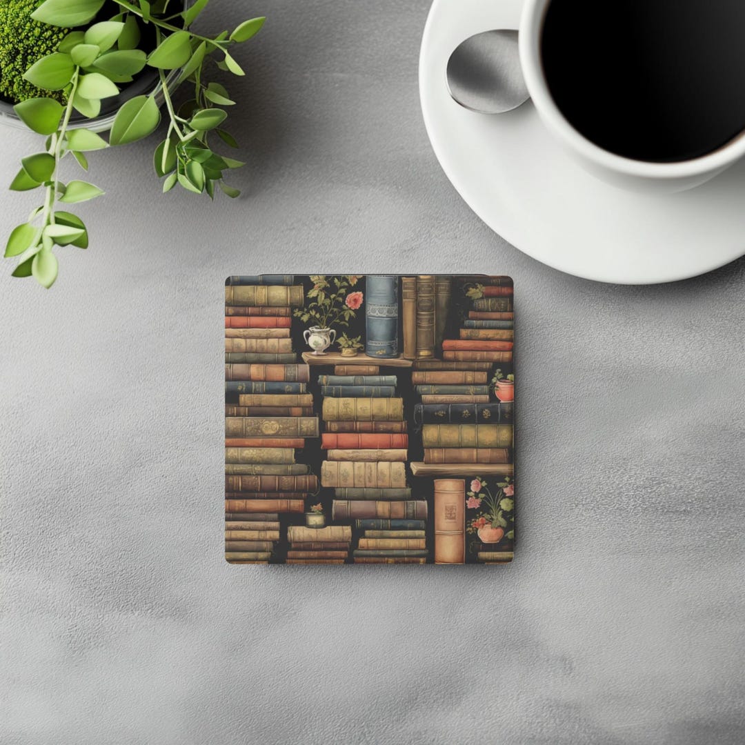 Antique Bookshelf Coaster | Vintage Books and Flower Stone Coaster Set ...