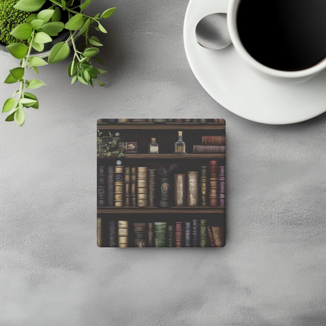 Dark Academia Bookshelf Coaster Set | Stone Coasters With Books and ...