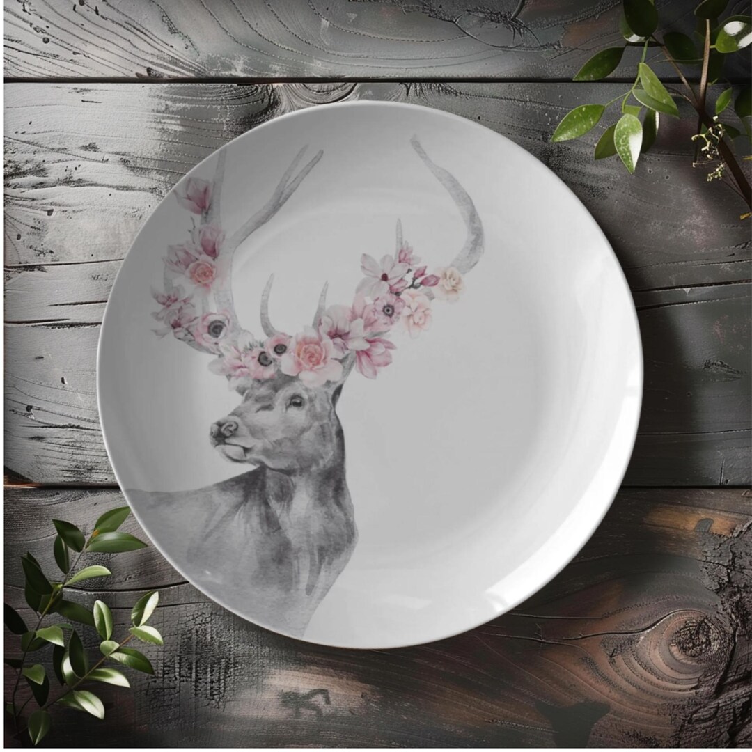 Floral Deer Plate | Watercolor Woodland Animal Dinnerware | Forest ...