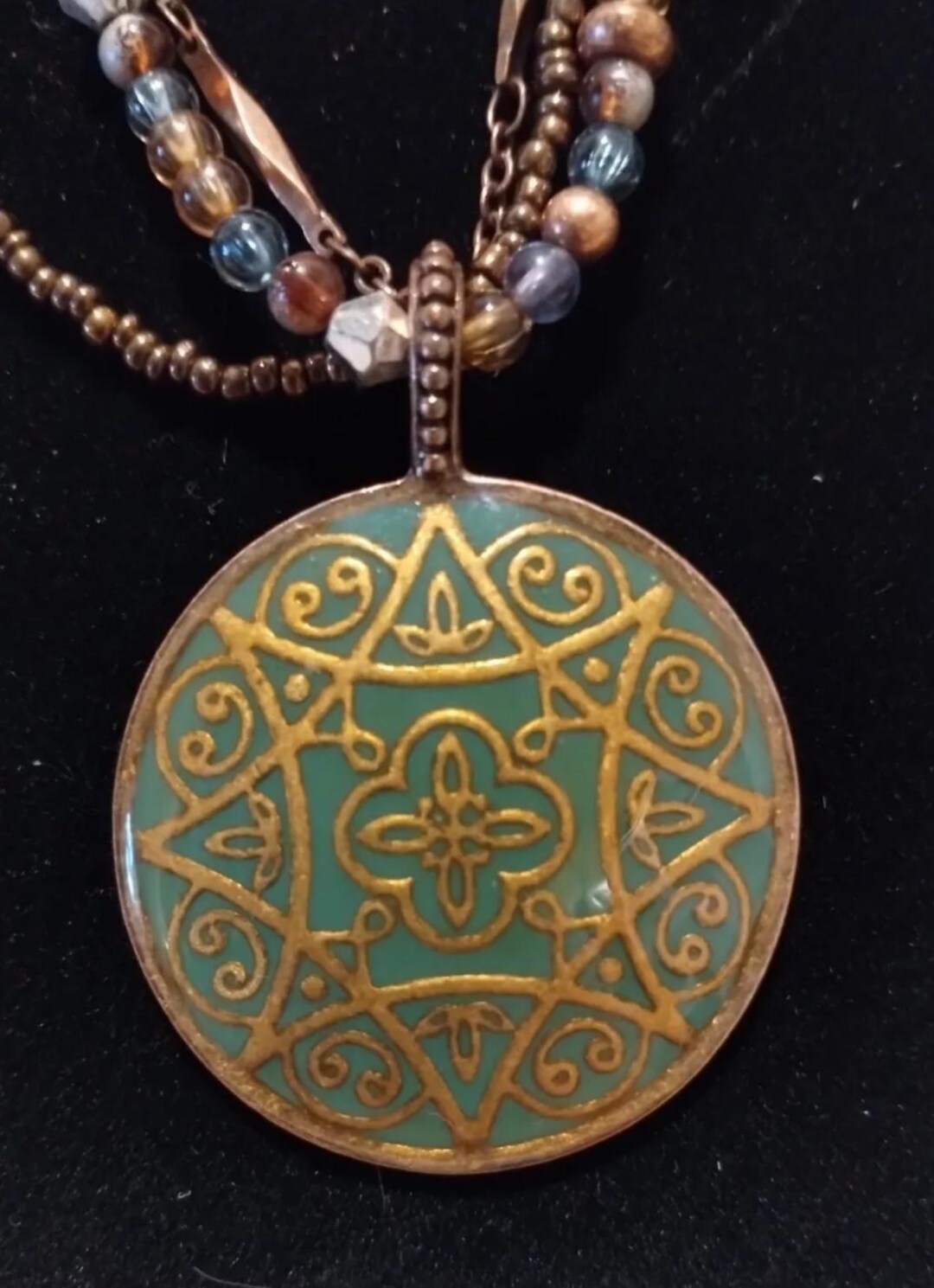 Vintage Nina Ricci for Avon Teal and Gold Medallion Pendant Beaded ...