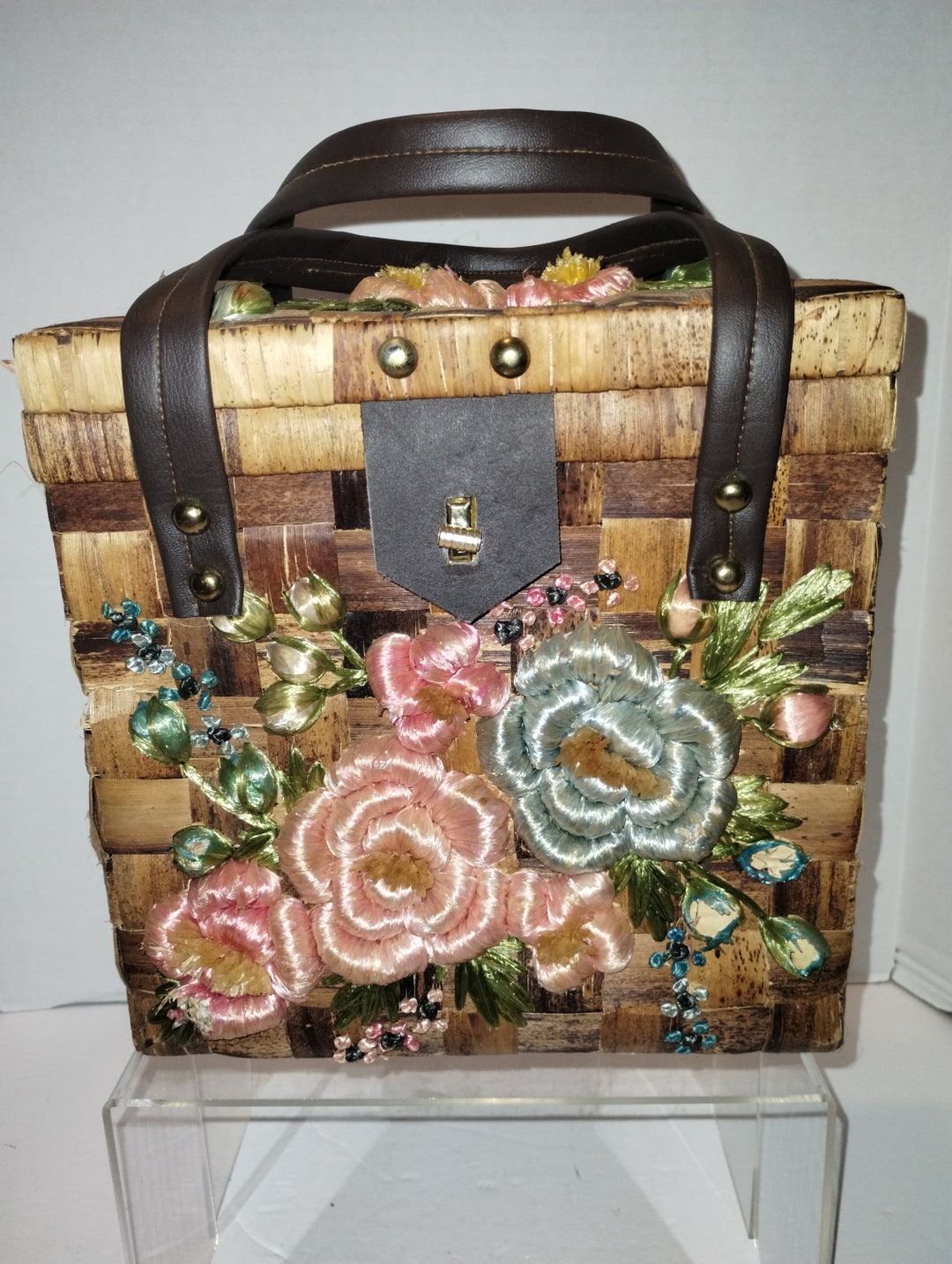 Vintage Bamboo Rafia Purse With Flowers Philippines Handmade Lined See ...