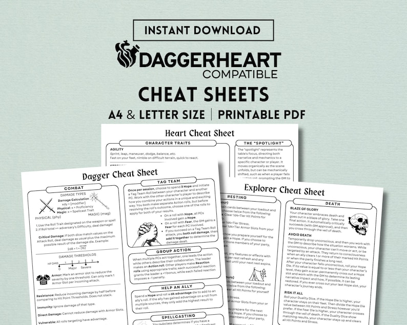 Daggerheart RPG Cheat Sheet: Combat & Core Rules (printable PDF) - Etsy