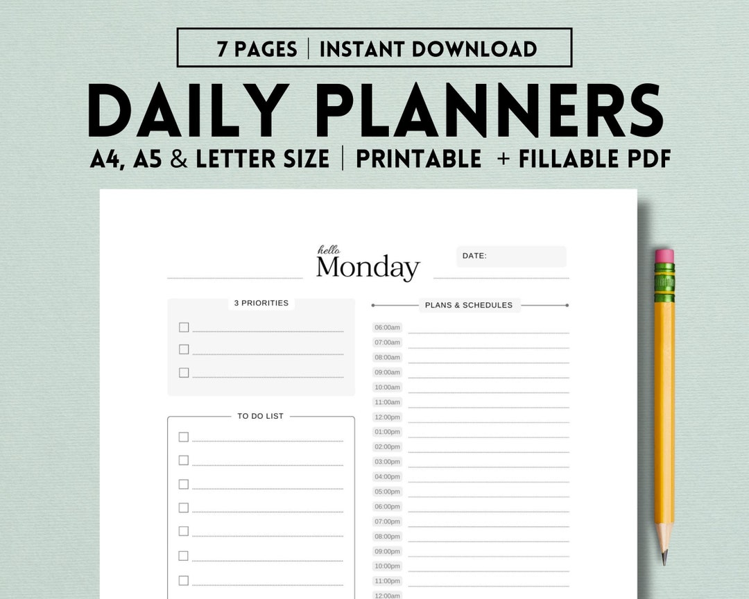 Daily Planner Printable Digital Download, Daily Schedule, Hourly ...