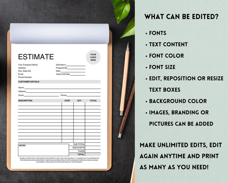 Job Estimate Printable Template, Business Quote Form, Contractor ...