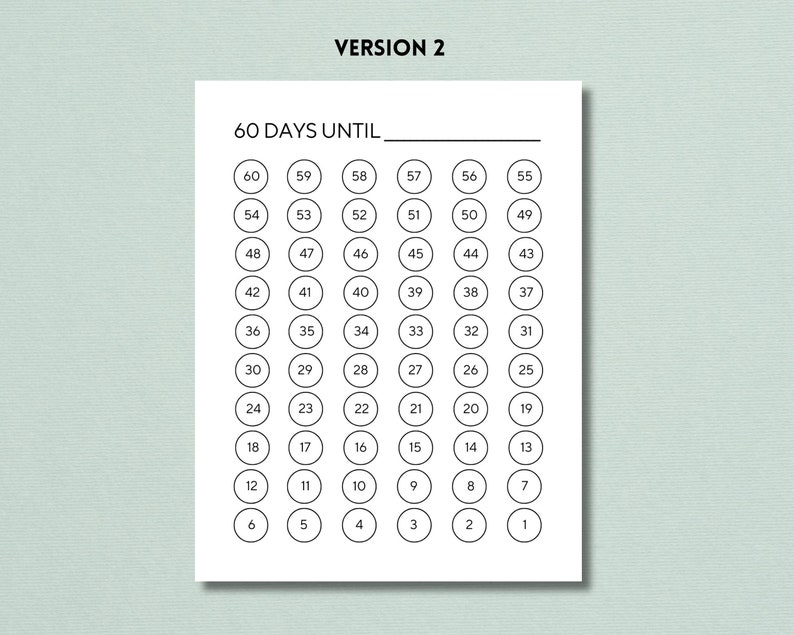 100, 60, 30 Day Countdown Printable Template, Countdown Calendar ...