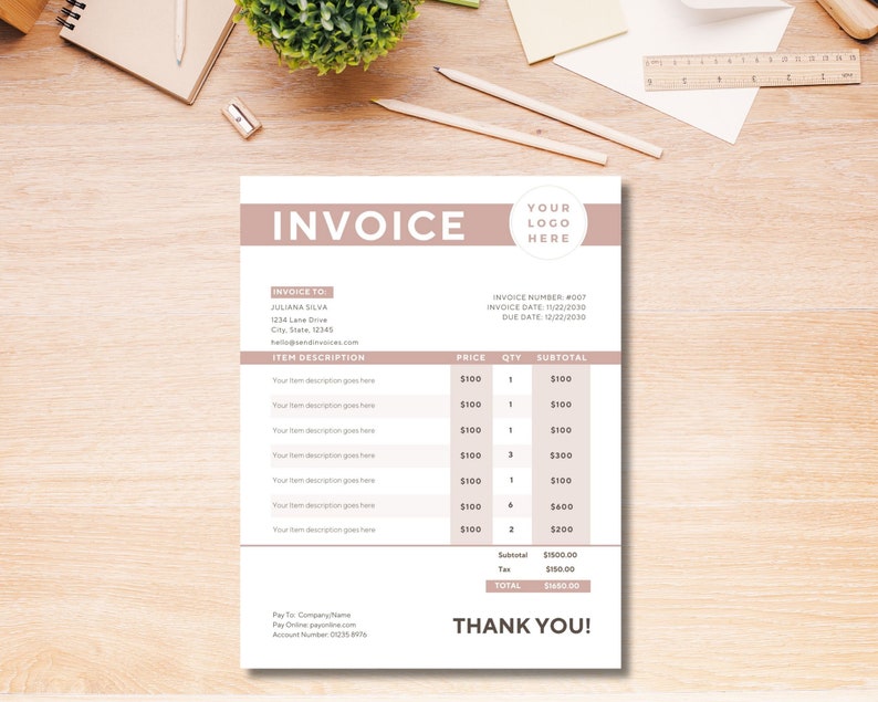 Bakery Invoice Template, Printable Invoice, Pink Invoice, Editable ...