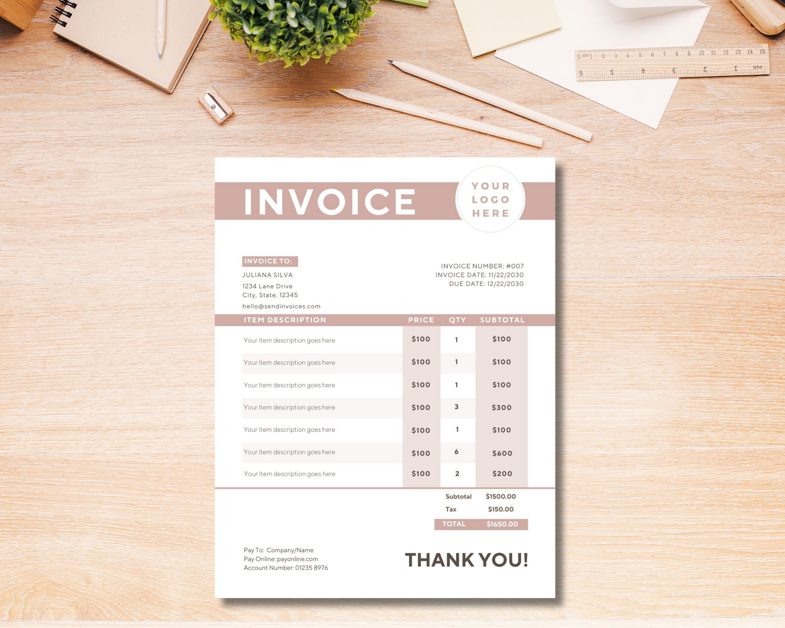 Bakery Invoice Template, Printable Invoice, Pink Invoice, Editable ...