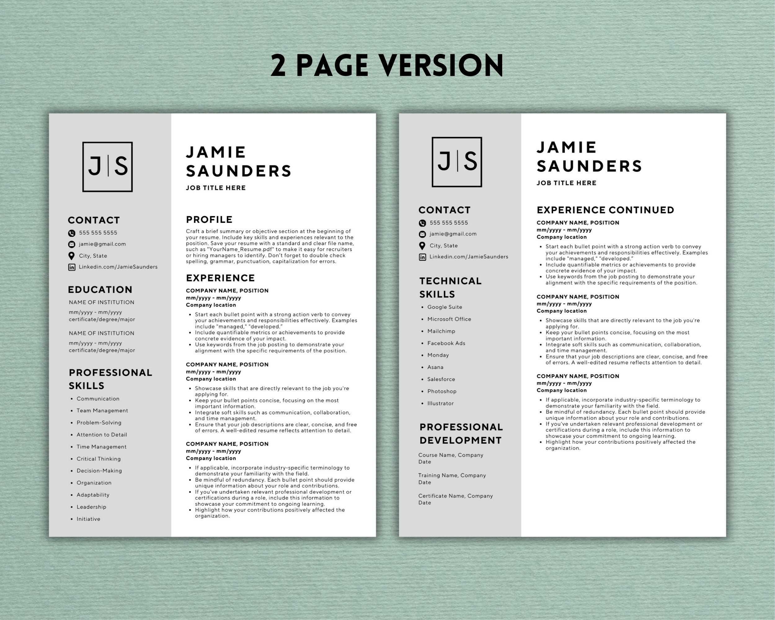 One or Two Page Resume Template, CV Work Resume, Job Resume Template ...