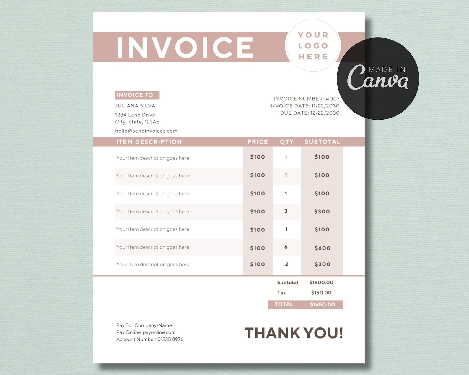 Bakery Invoice Template, Printable Invoice, Pink Invoice, Editable ...