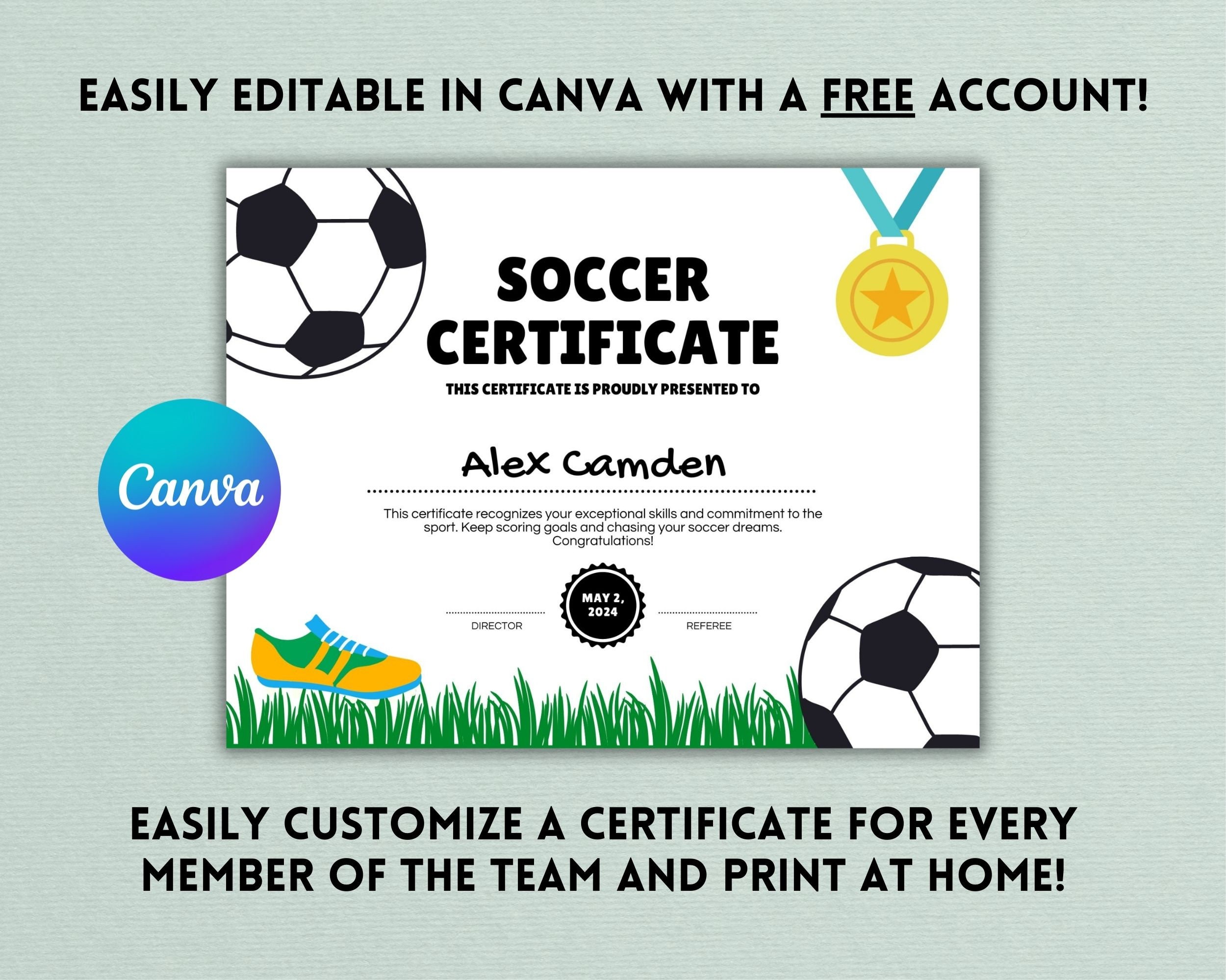 Editable Soccer Award Certificate: Printable Sports Certificate (canva ...