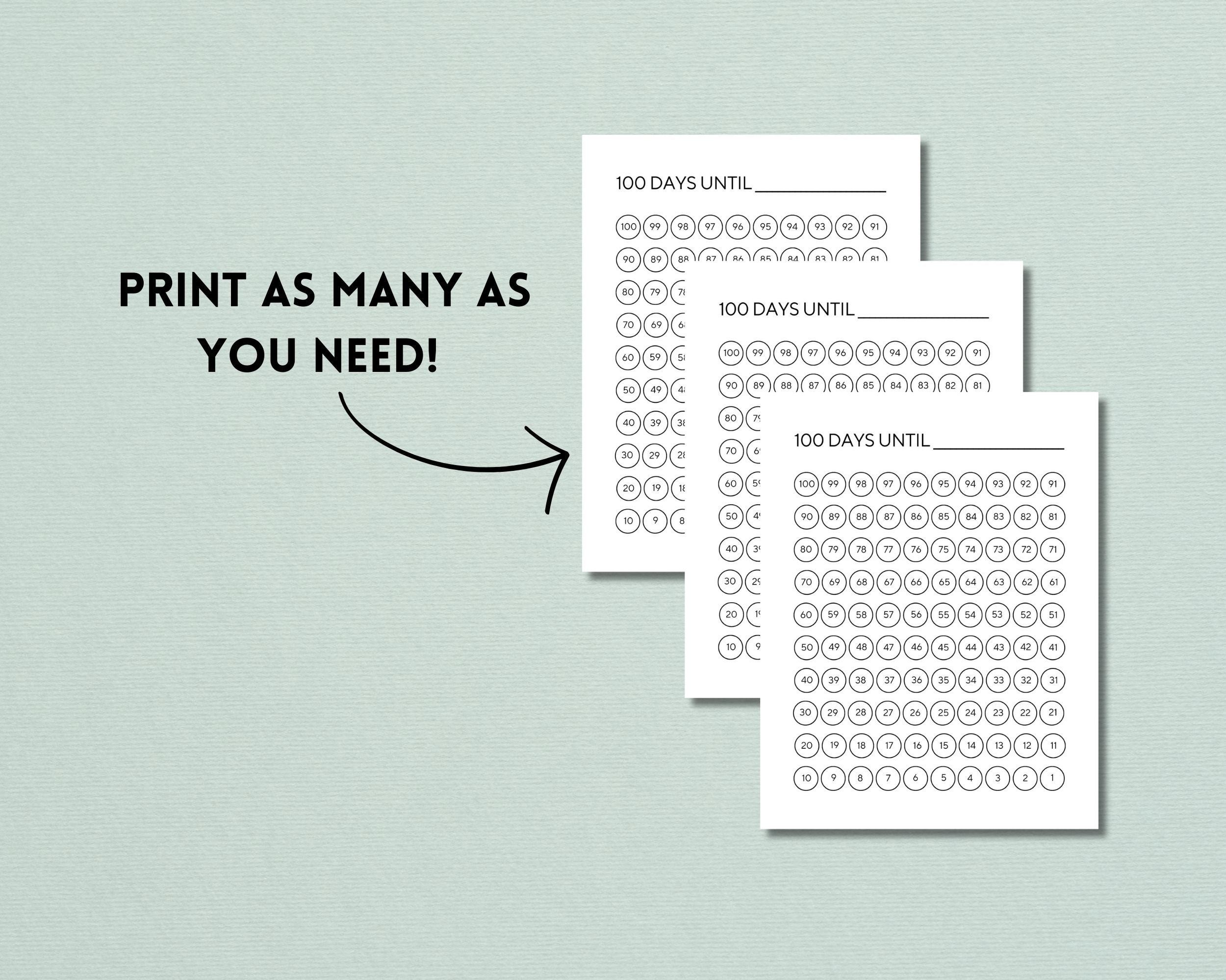 100, 60, 30 Day Countdown Printable Template, Countdown Calendar ...