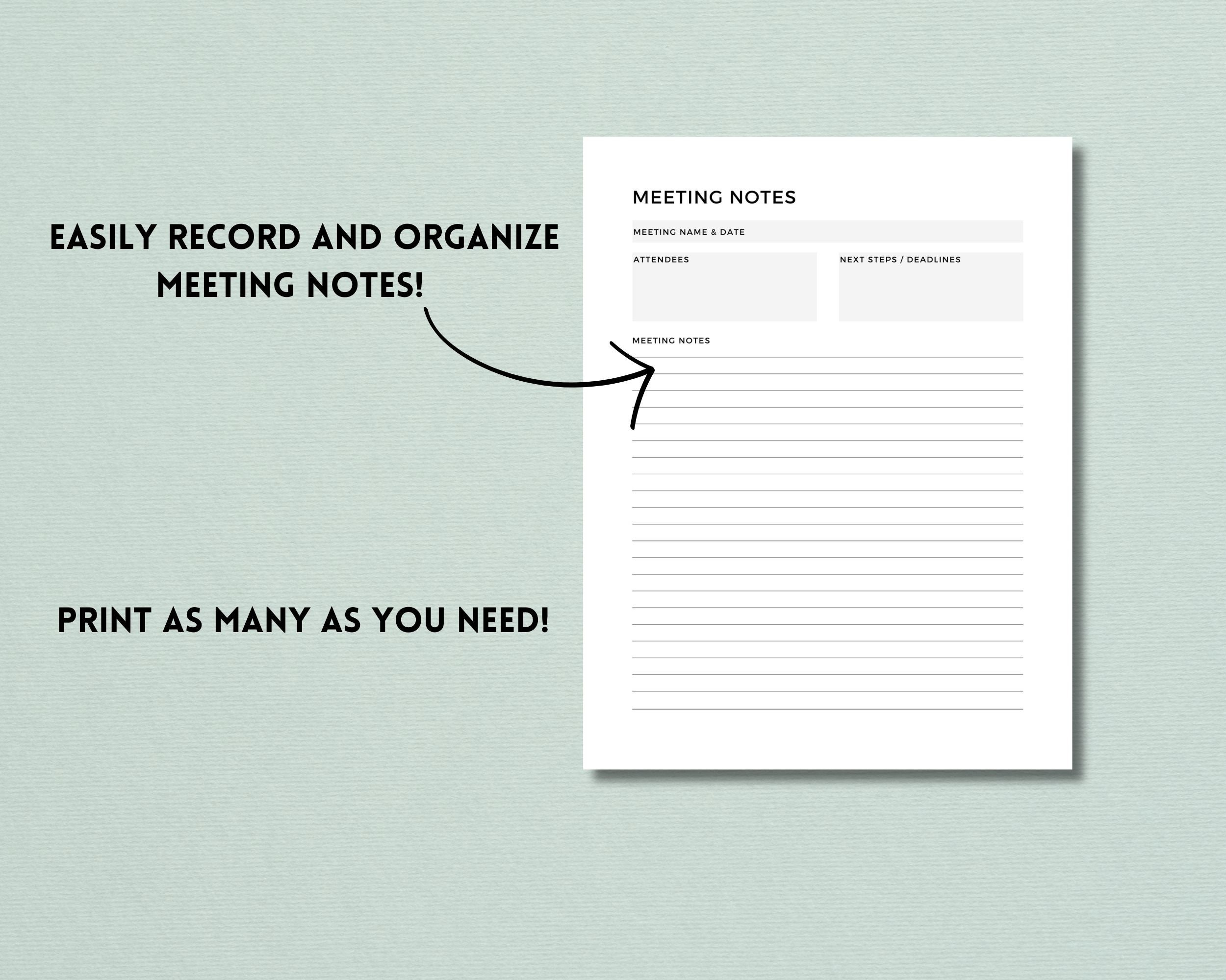 Meeting Notes Printable, Note Taking Template, Office Organization ...