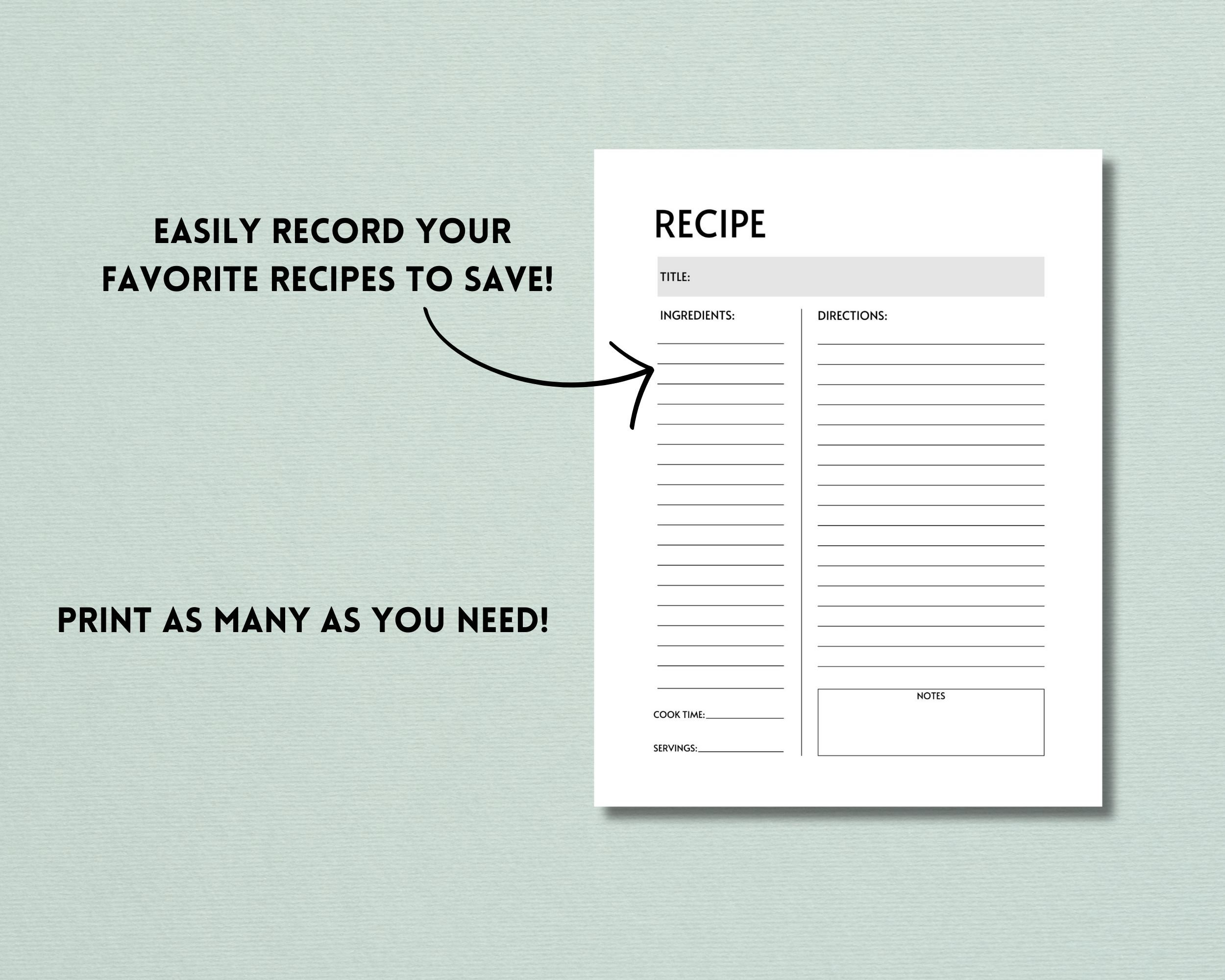 Recipe Template Printable Blank Recipe Page Cook Book - Etsy