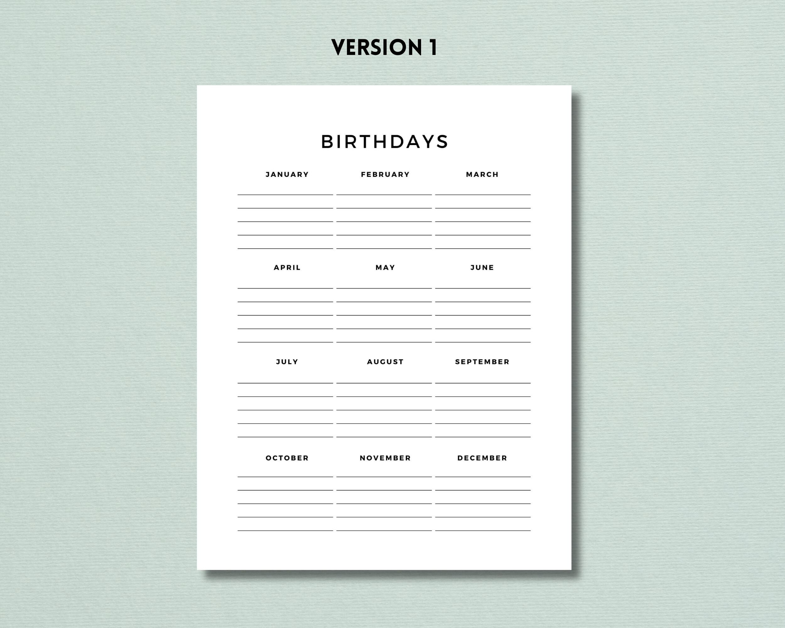 Printable Birthday Tracker, Birthday Reminder, Birthday Calendar ...