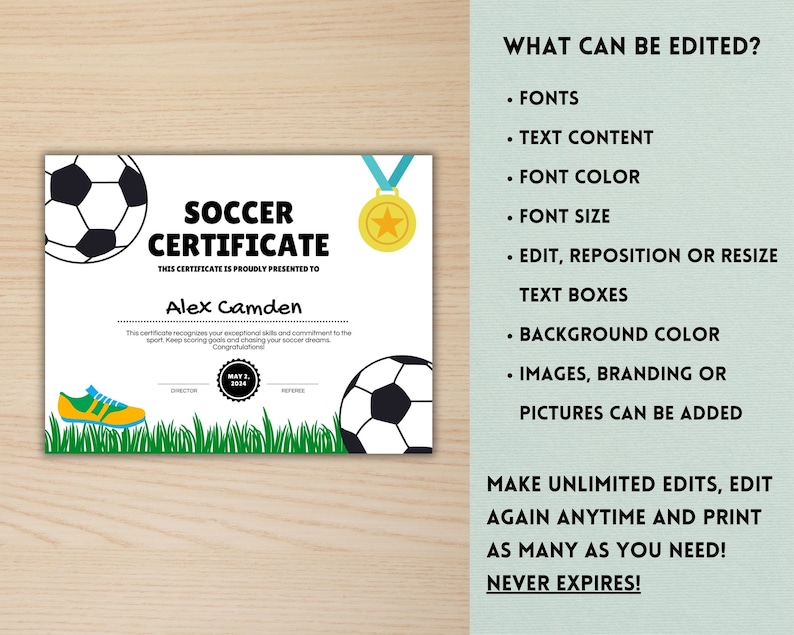 Editable Soccer Award Certificate: Printable Sports Certificate (canva ...