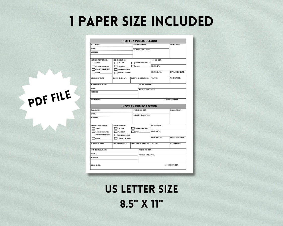 Notary Log Printable, Notary Public Record, Notary Journal, Notary Book ...