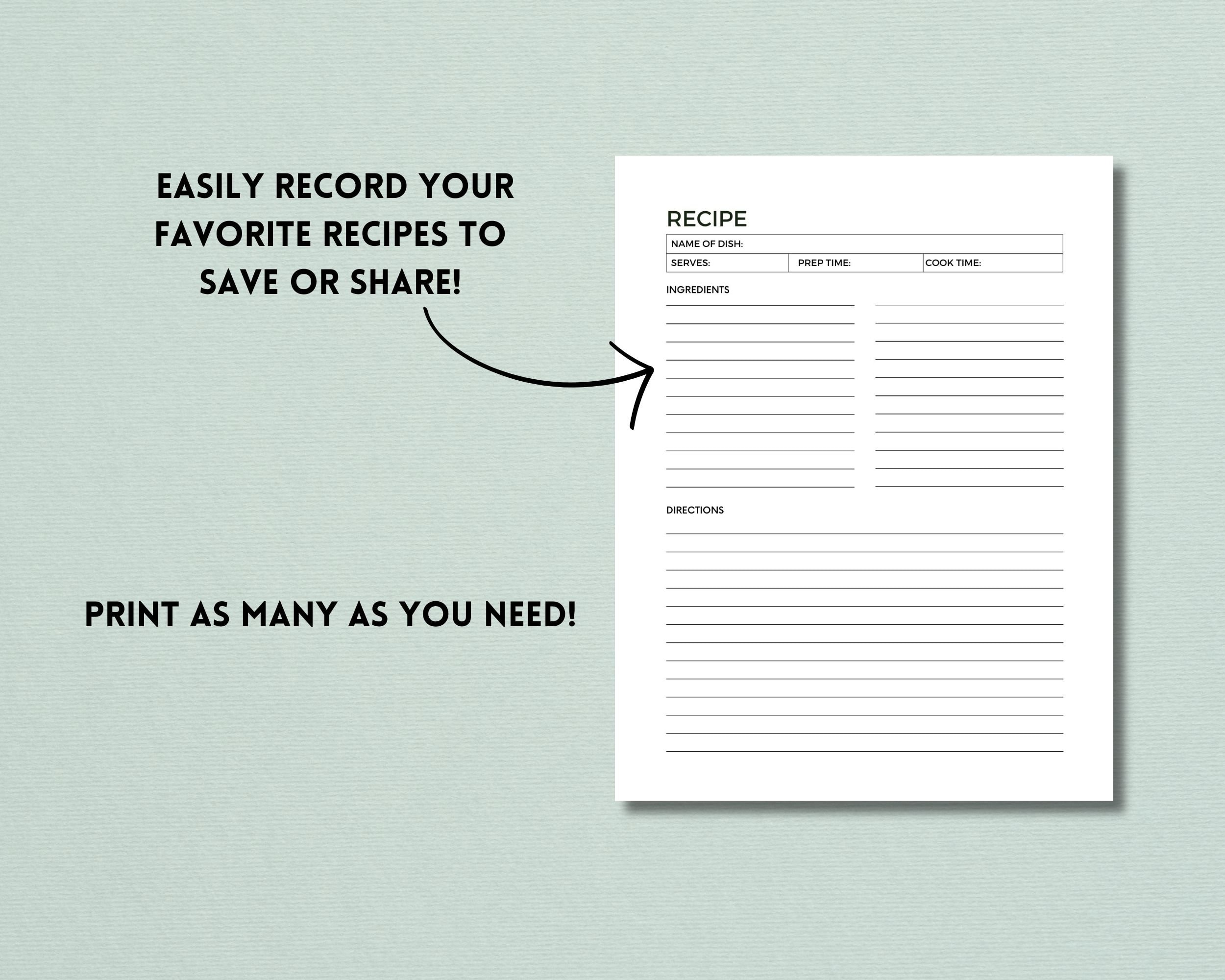 Recipe Book Template Printable Blank Recipe Page Recipe - Etsy