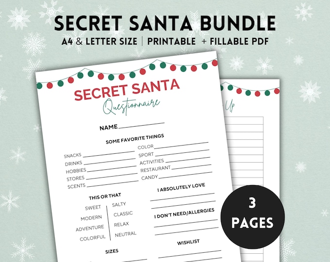 Secret Santa Questionnaire Printable, Christmas Gift Exchange, Gift ...