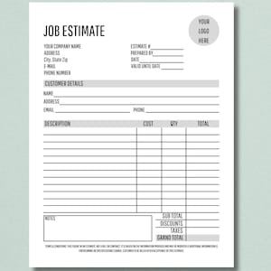 Job Estimate Printable Template, Business Quote Form, Contractor ...