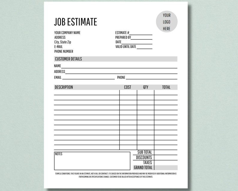 Job Estimate Printable Template, Business Quote Form, Contractor ...