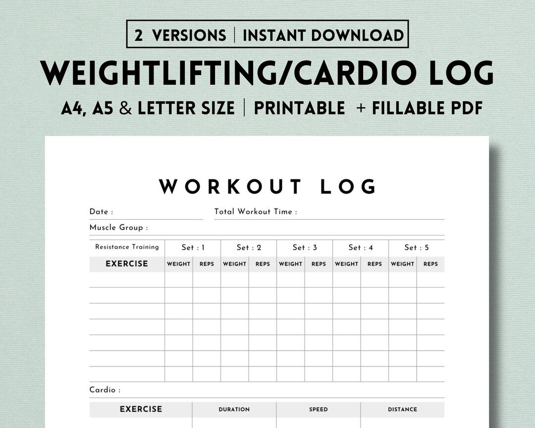 Weightlifting and Cardio Log Printable, Workout Planner, Workout ...