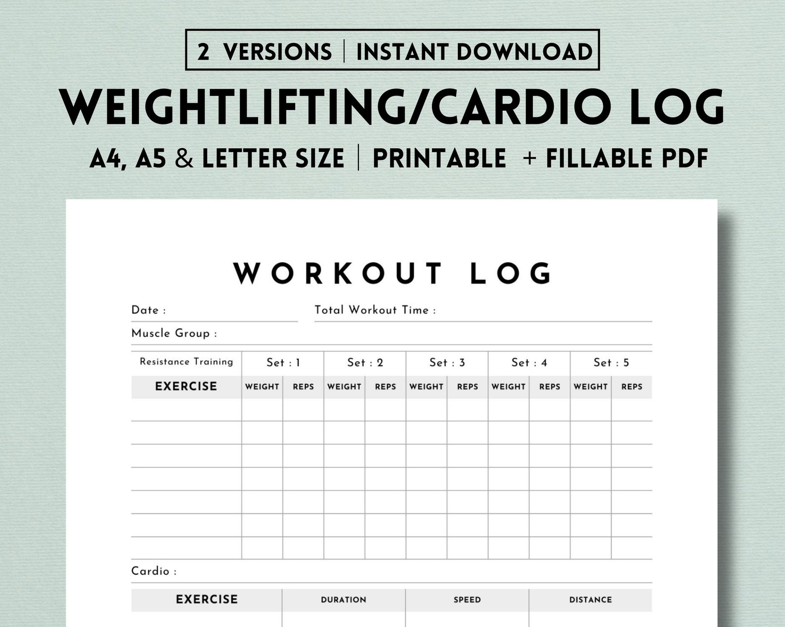 Weightlifting and Cardio Log Printable, Workout Planner, Workout ...
