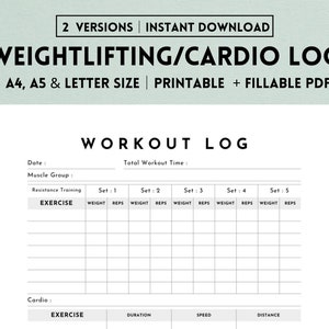 Weightlifting and Cardio Log Printable, Workout Planner, Workout ...
