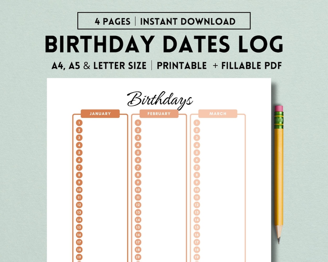 Birthday Dates Printable Template, Reminder Book, Birth Date List ...