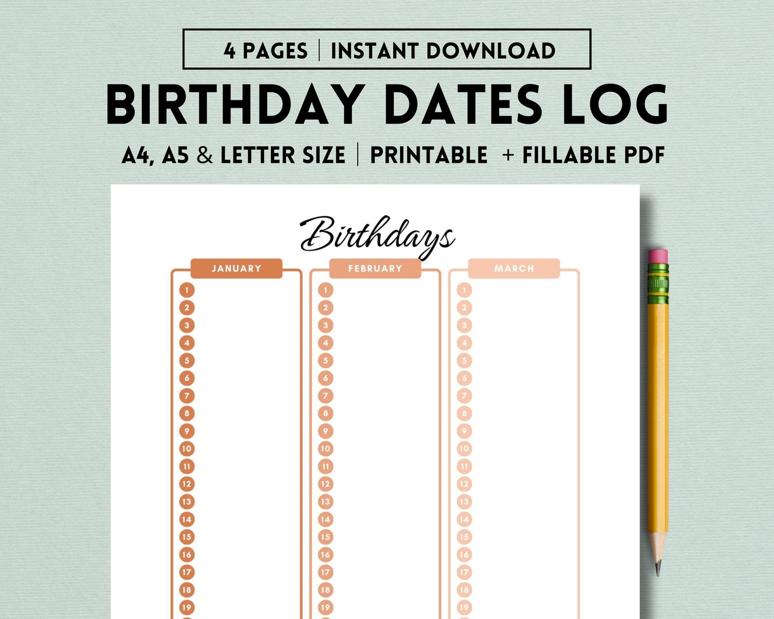 Birthday Dates Printable Template, Reminder Book, Birth Date List ...