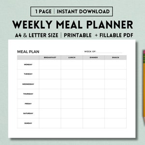 Printable Weekly Meal Planner Landscape, Food Diary, Meal Tracker, Food ...