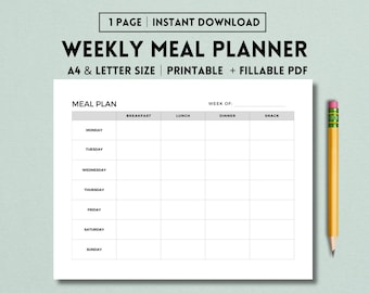 Printable Weekly Meal Planner Landscape, Food Diary, Meal Tracker, Food ...