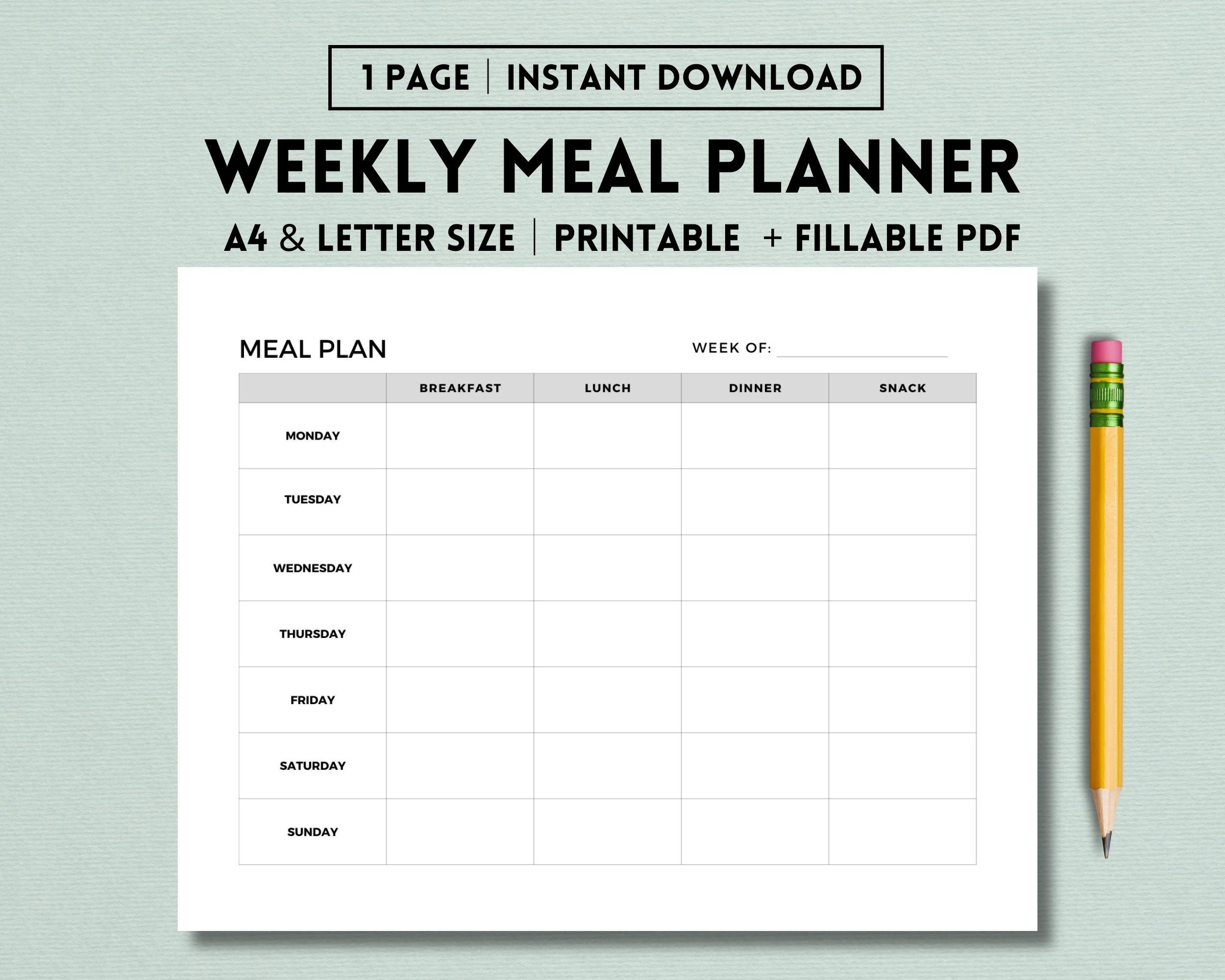 Printable Weekly Meal Planner Landscape, Food Diary, Meal Tracker, Food ...