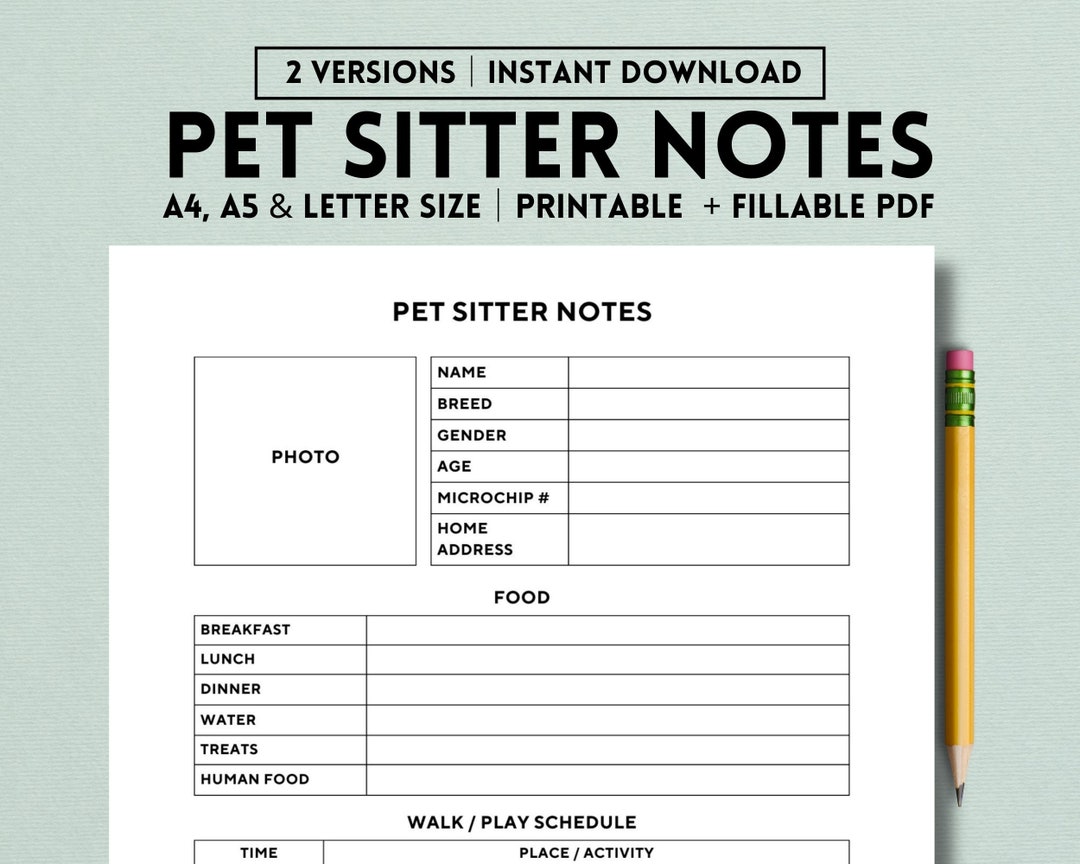 Pet Sitter Notes Printable Template, Pet Sitting Form, Cats, Dogs ...