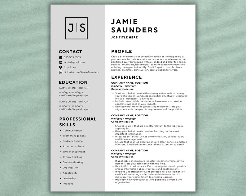 One or Two Page Resume Template, CV Work Resume, Job Resume Template ...