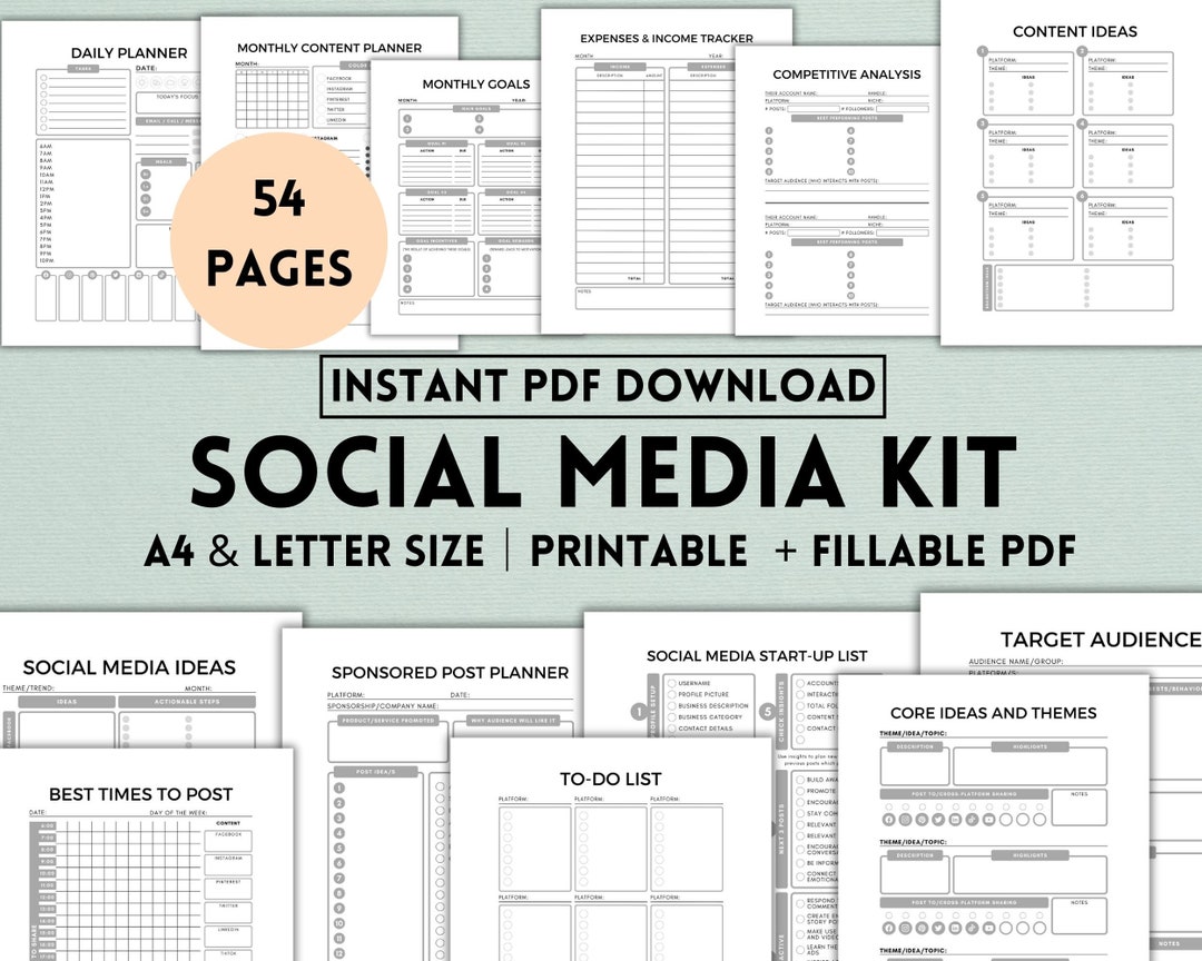 Social Media Kit Printable Planner Template, Calendar, Instagram ...