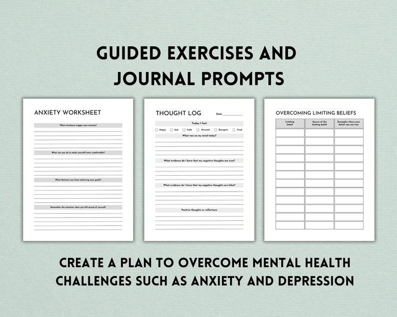 Mental Health Planner Printable Bundle, Anxiety Journal, CBT Worksheets ...