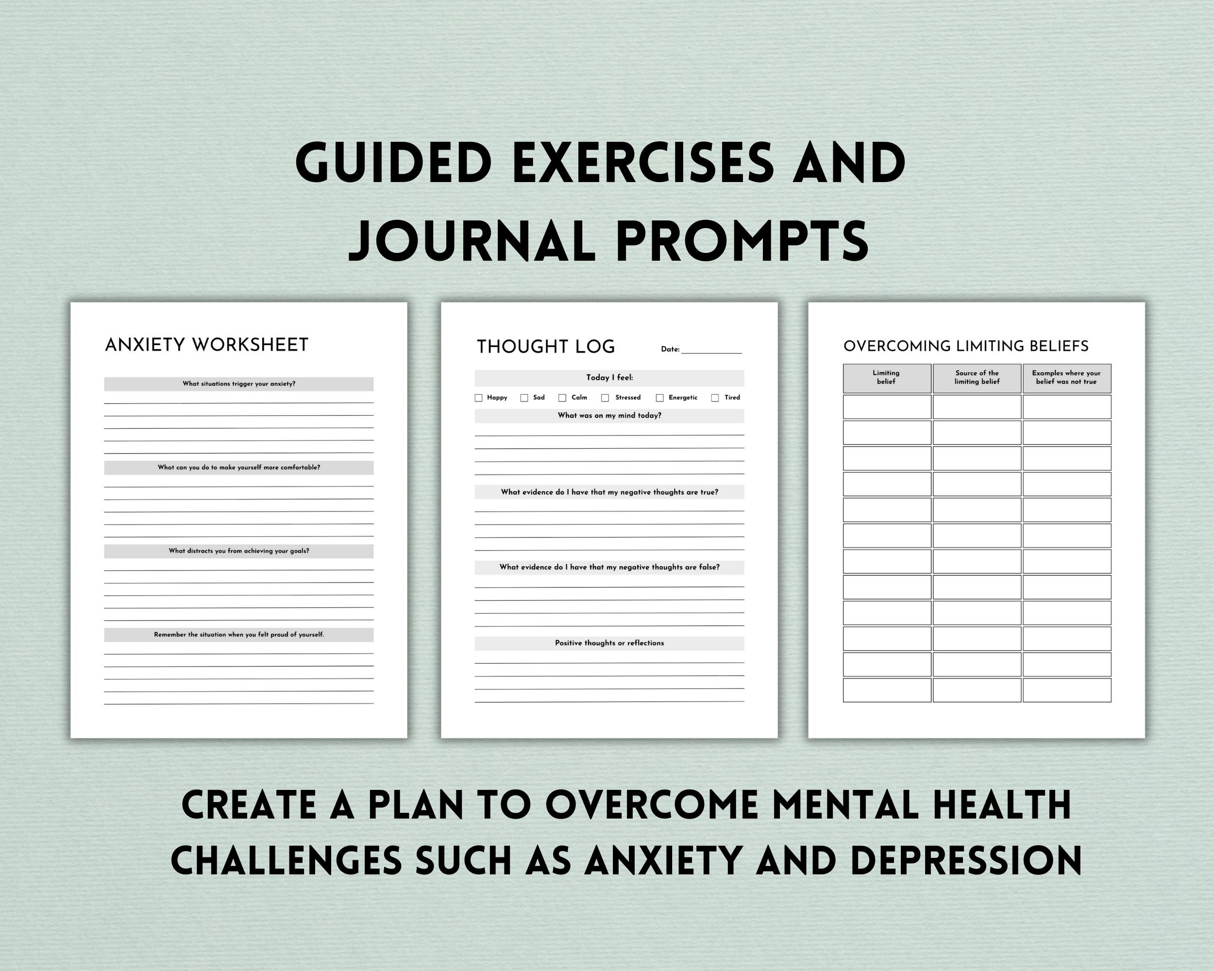 Mental Health Planner Printable Bundle, Anxiety Journal, CBT Worksheets ...