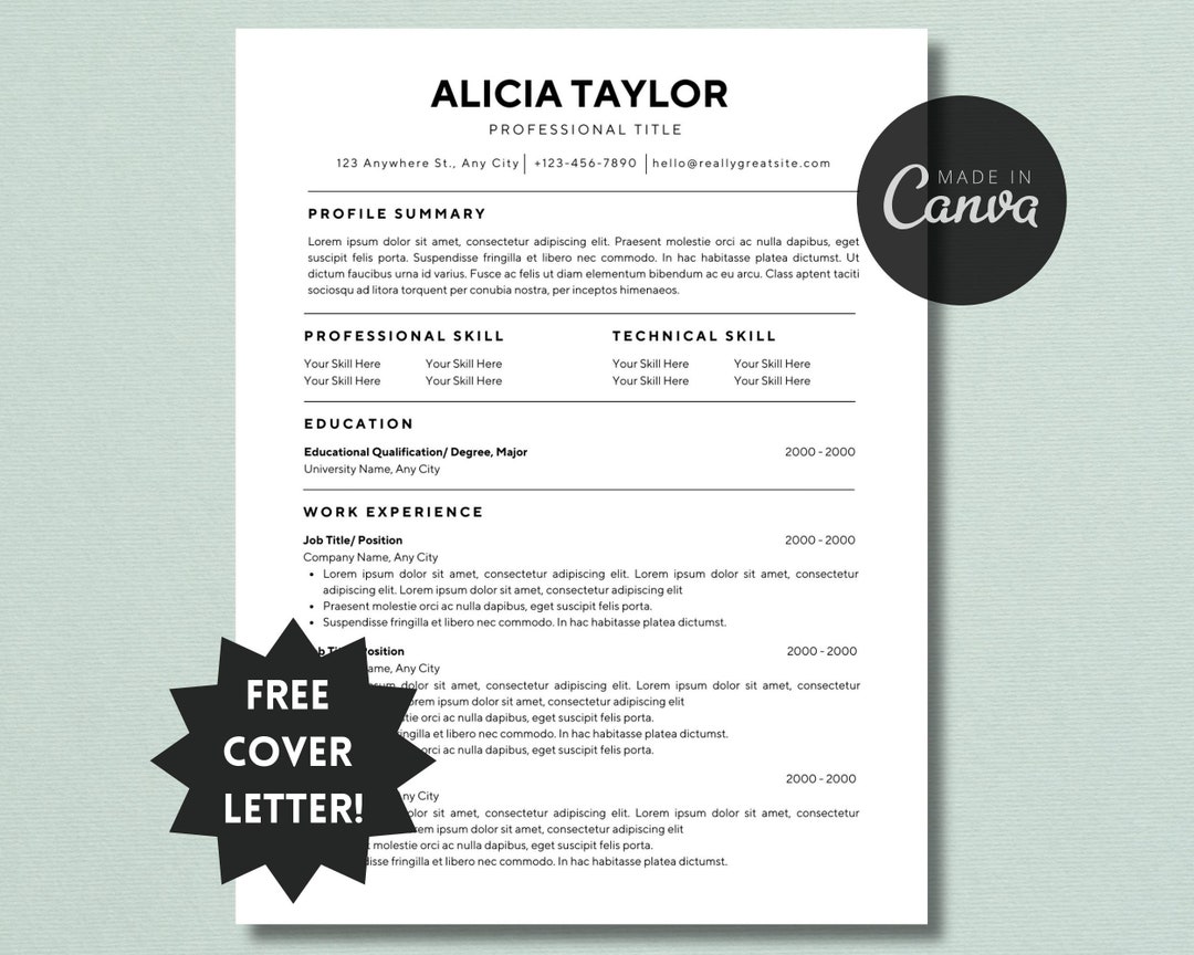 One Page Resume Template, Work Resume, Job Resume Template Custom ...