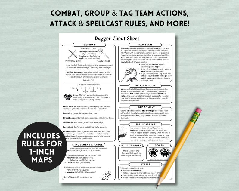 Daggerheart RPG Cheat Sheet: Combat & Core Rules (printable PDF) - Etsy