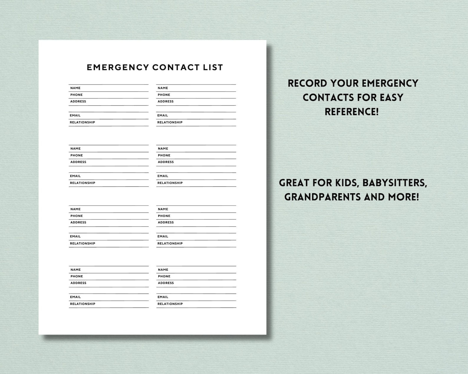 Emergency Contact List Printable Form, Emergency Information ...