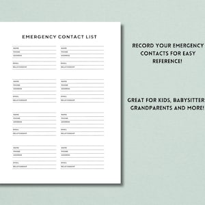 Emergency Contact List Printable Form, Emergency Information ...