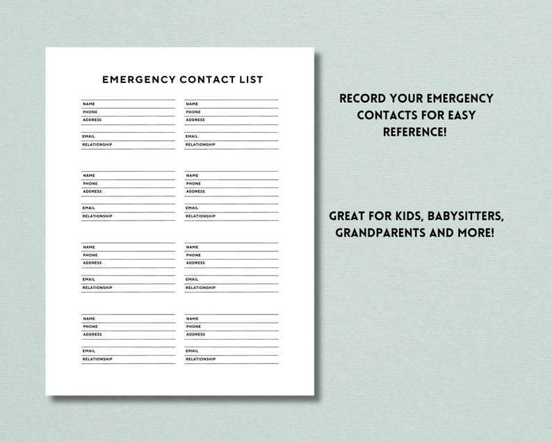Emergency Contact List Printable Form, Emergency Information ...